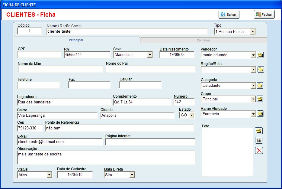 Fast Food Saúdavel: Ficha de Cliente